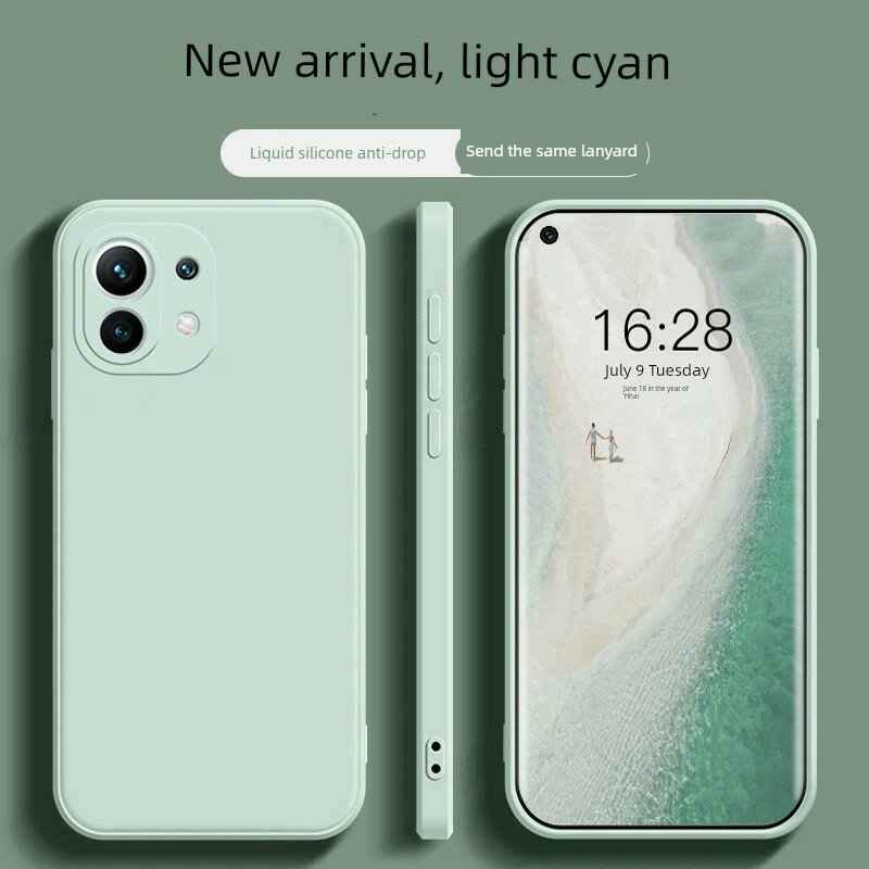 Жидкий силиконовый чехол для Xiaomi 11 - Цвет бледный циан, узкий прилегающий, включая защитное стекло и жидкую ленту