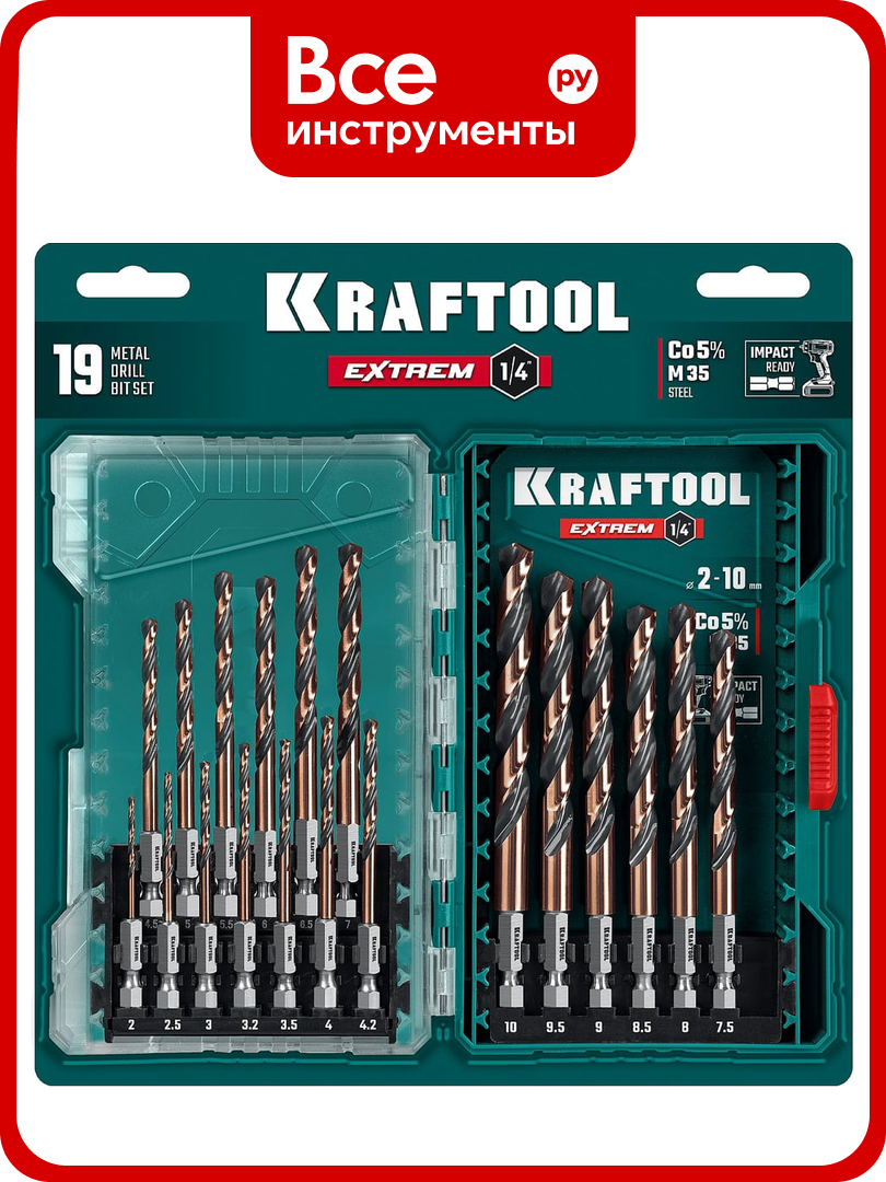 Набор сверл по металлу KRAFTOOL Impact Ready НЕХ-1/4, 19 шт, для винтовертов и шуруповертов 29652-H19