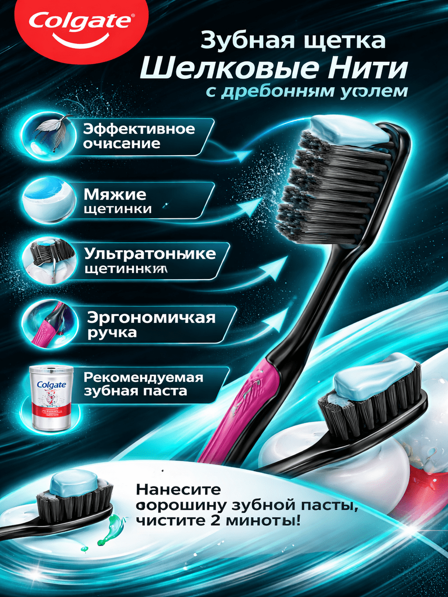Зубная щетка Colgate Шелковые Нити с древесным углем для здоровья десен, мягкая, бирюзовая