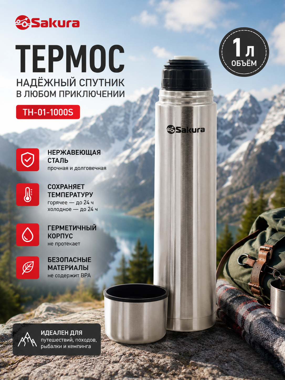 Термос Sakura TH-01-1000S, нержавеющая сталь, серебристый, 1 л