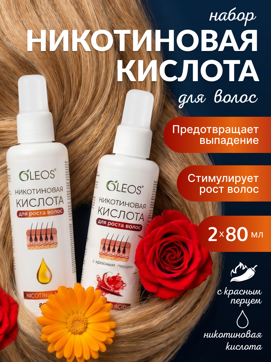 Никотиновая кислота для роста волос с красным перцем и в чистом виде, 2*80 мл