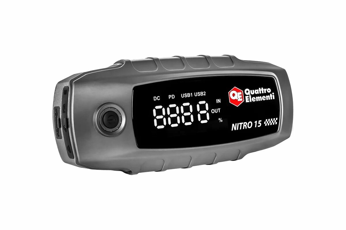Пусковое устройство QUATTRO ELEMENTI Nitro 15 (12В, 15000 мАч, 1200 А, Type-C, USB-A, дисплей, фонарь 919-258