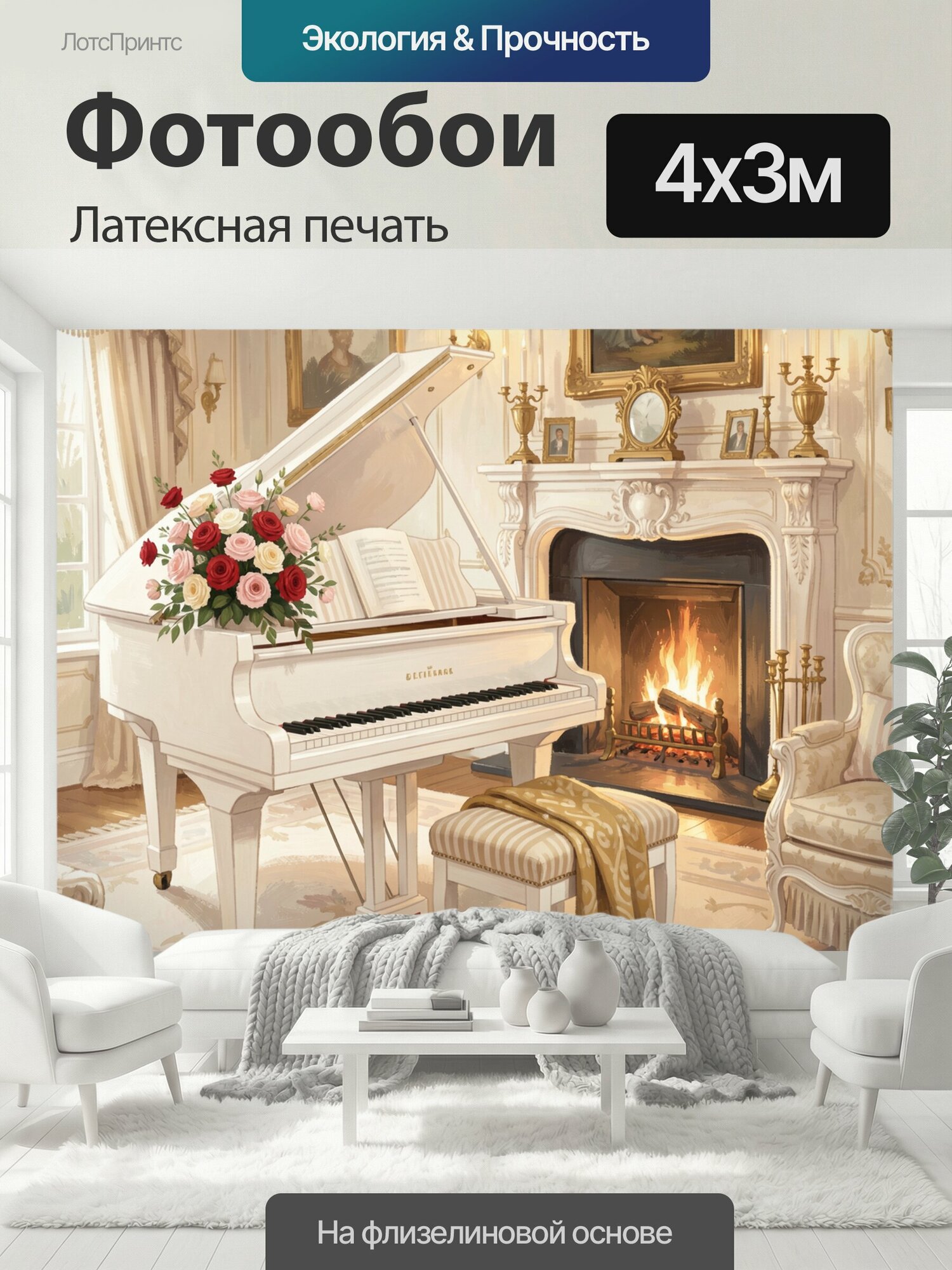 Фотообои моющиеся ударопрочные "Рояль у камина с розами. Элегантный светлый интерьер в классическом стиле: белоснежный клавишный инструмент." 400x300 см. латексная печать