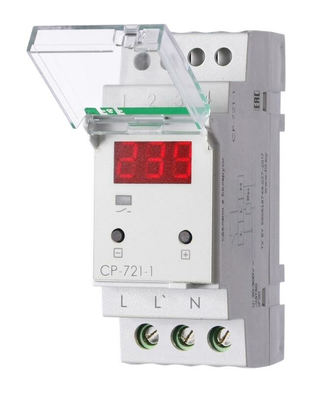 Реле напряжения 1ф CP-721-1 (CP-721-63A) УХЛ2 диап. рабочих температур -40.+55град. C цифровая индикация; 50-450В контакт 1NO 63А встроен. таймер регистрация аварий в памяти индикация текущего напряж. F&F EA04.009.018