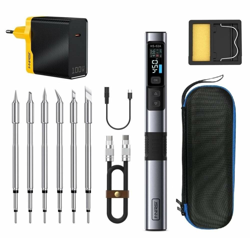 HS-02A Set4 паяльник Fnirsi с регулировкой, USB, блок питания, PD/QC, DC, 100Вт, 6 сменных жал, серебристый