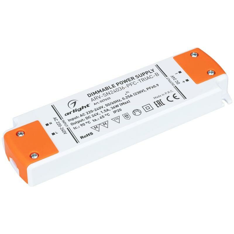 Блок питания ARV-SN24036-PFC-TRIAC-B 24В 1.5А 36Вт IP20 пластик 3 года Arlight 027633