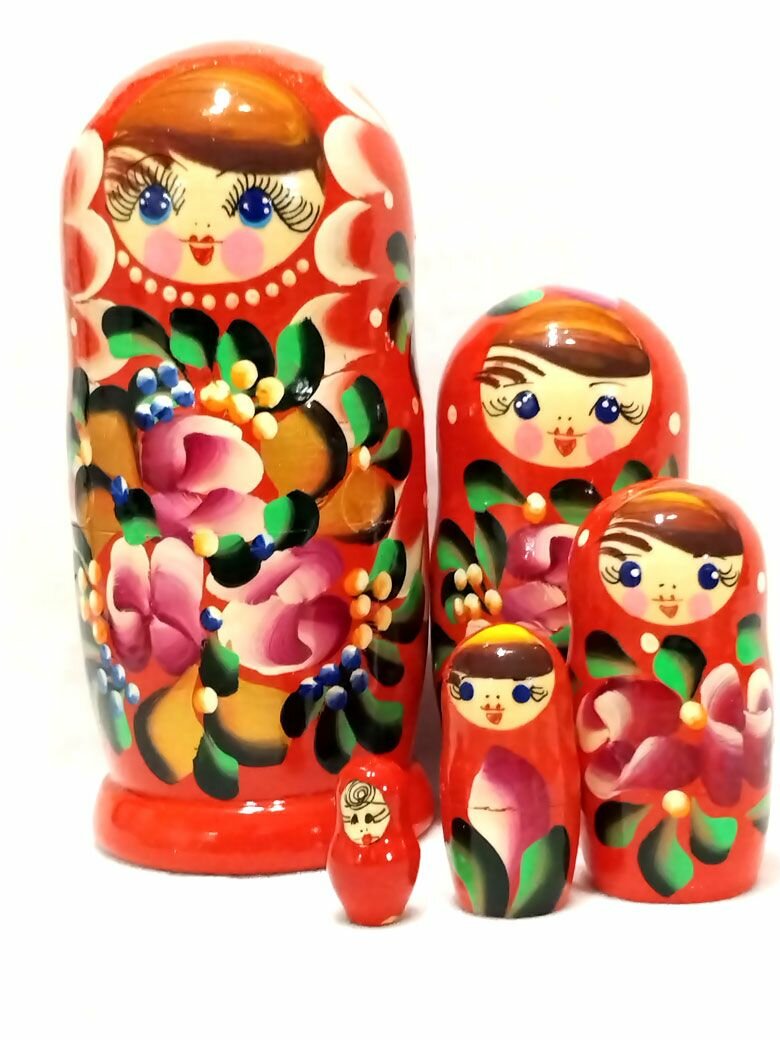 Матрешка 5 мест, зеленый фон, 15 см