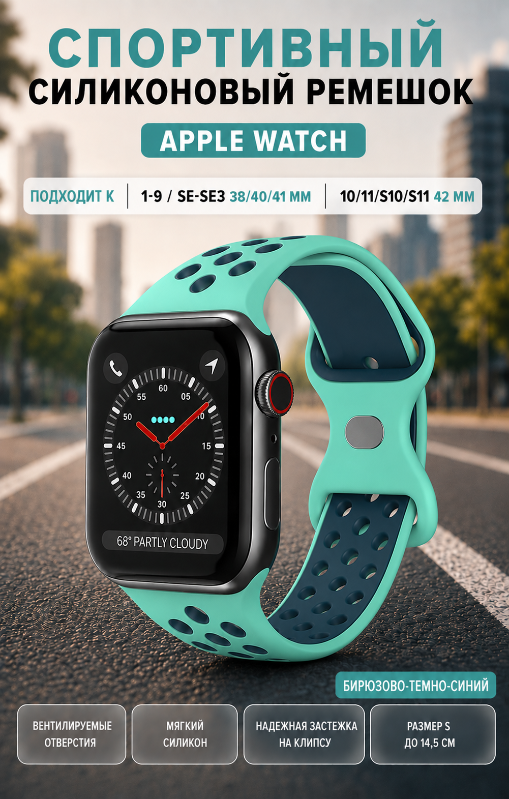 Спортивный силиконовый ремешок для Apple Watch 38/40/41/42 мм и SE (размер S), двухцветный, бирюзово-темно-синий