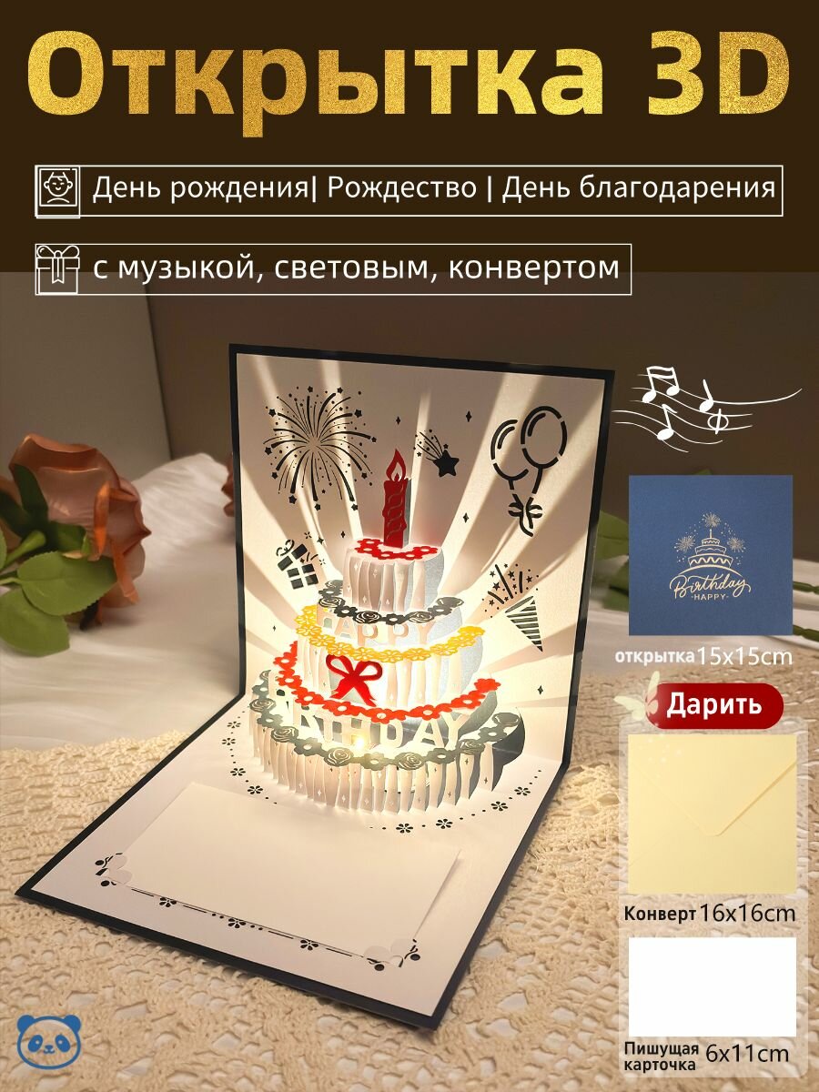 3D-открытка на день рождения с музыкой, огнями и конвертом, синий набор 1