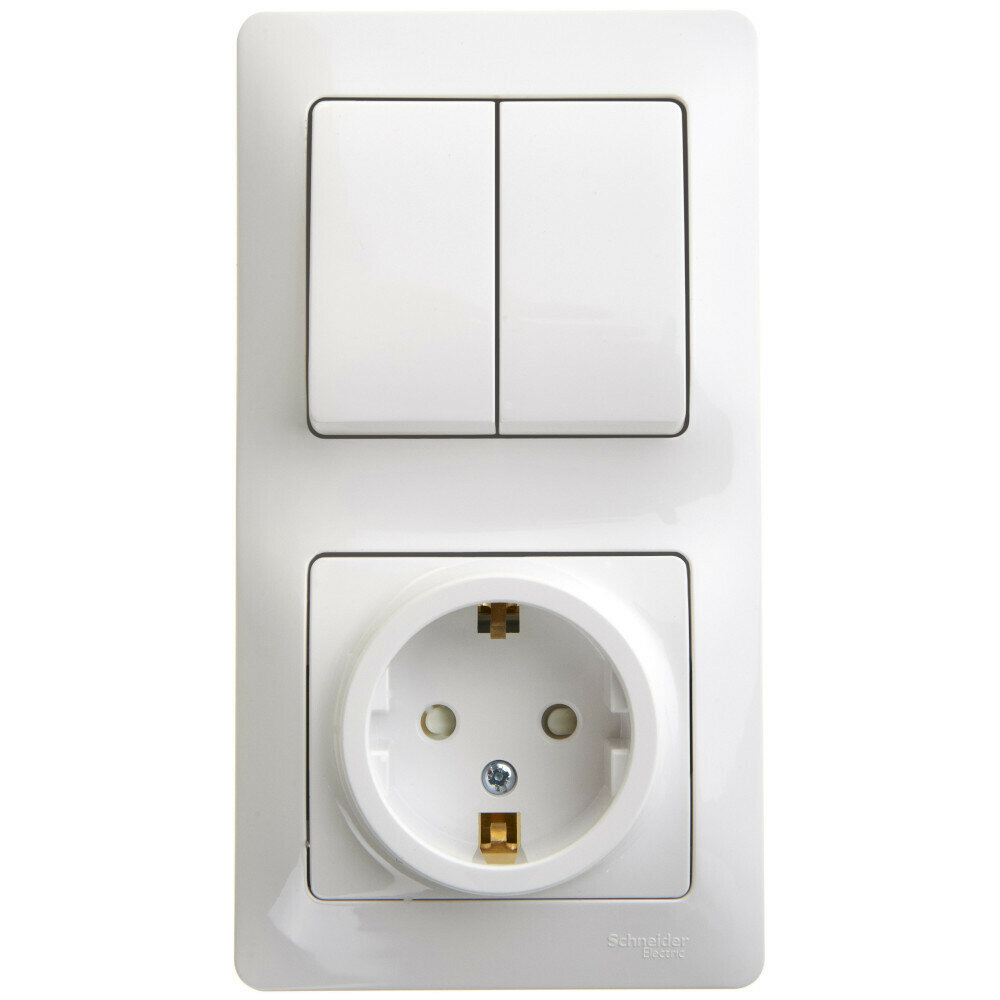 Блок открытого монтажа Systeme Electric розетка с заземлением со шторками + выключатель двухклавишный белый