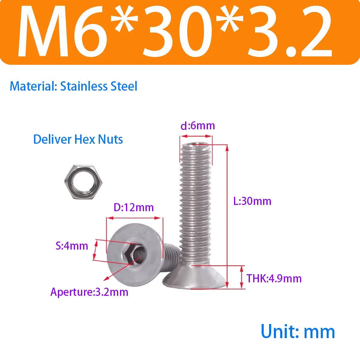 Винт M6x30x3.2 из нержавеющей стали, 5шт