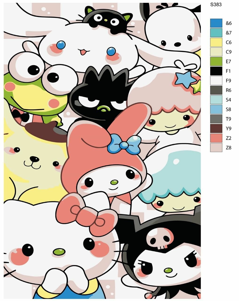 Картина по номерам S383 "Аниме Куроми (Kuromi). Хелло Китти, Куроми, Моя Мелодия, Корица, Помпомпурин, Бадц-Мару, Кероппи" 40x60 см