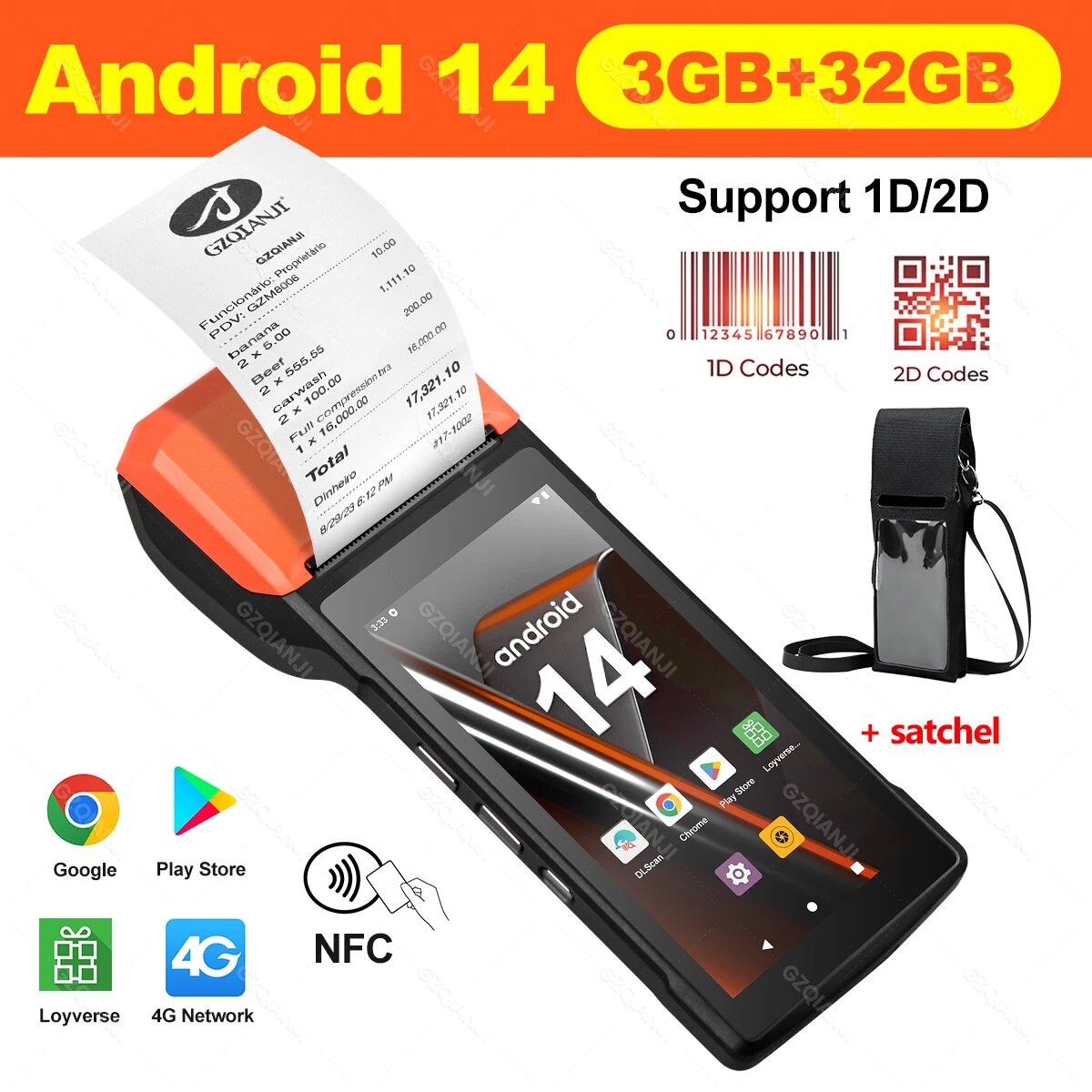 POS-терминал Android 14 4G с термопринтером и сканером штрих-кода 2D Add Satchel, США