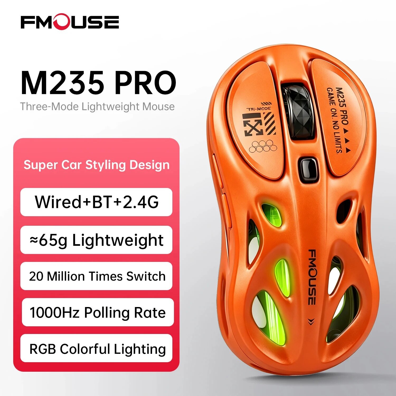 FMOUSE M235 Pro, 65г, RGB, Bluetooth, 2.4G, 1000Hz, Беспроводная мышь