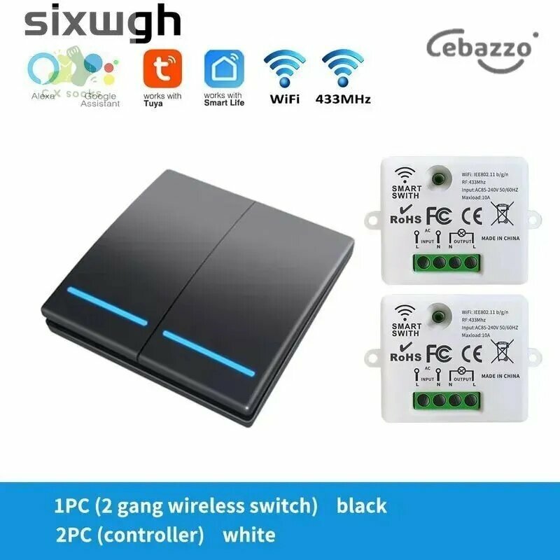 Умный дистанционный двухклавишный выключатель с двумя приемниками WiFi / RF 433МГц Умный дом с Алисой