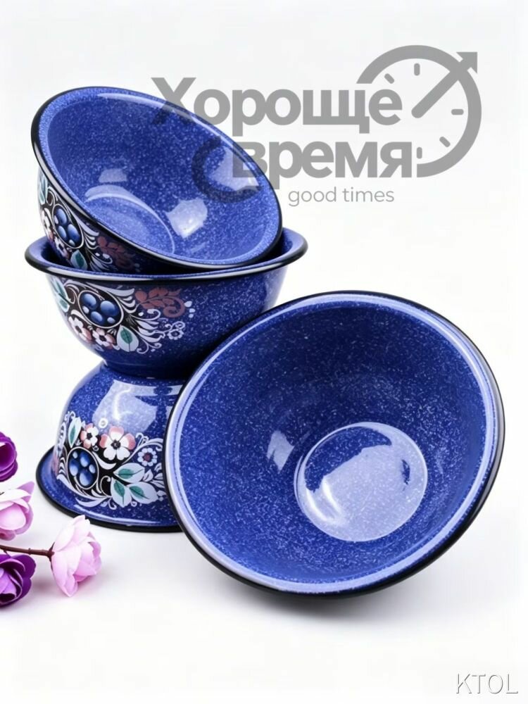 Миска синяя KTOl из керамики с рисунком, набор 2 шт, для дома, салат, фрукты — фото 1