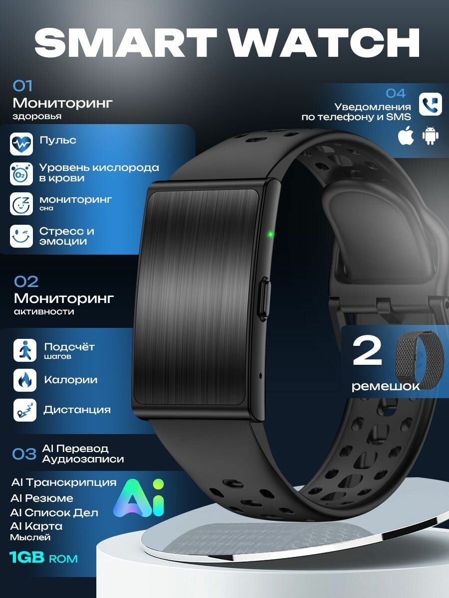 Фитнес-браслет с OpenAl, Bluetooth, 1Гб, ИИ-расшифровка записей, Мониторинг здоровья, отслеживание физической активности, напоминания о звонках и сообщениях