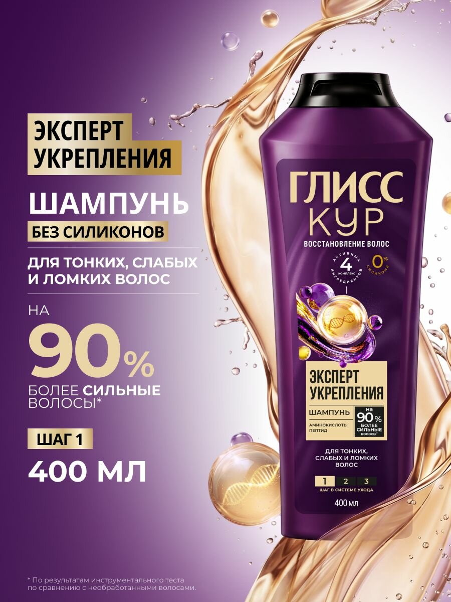 Шампунь для волос женский Глисс Кур Эксперт укрепления, для тонких, слабых и ломких волос, без силиконов, 400 мл