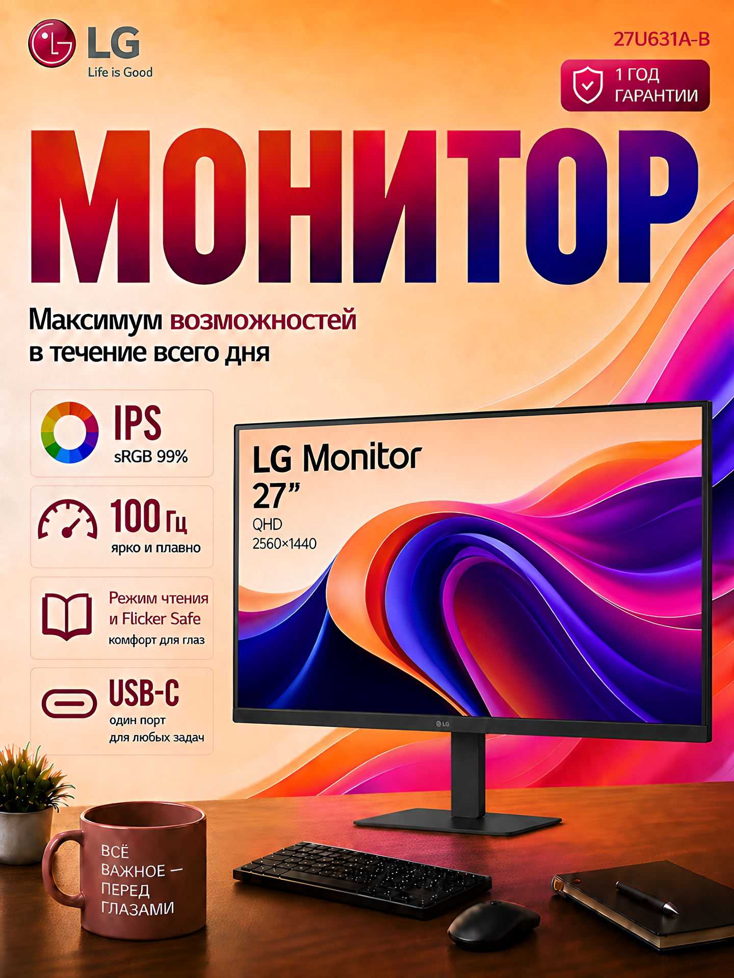 Монитор LG 27U631A-B, 27', 100 Гц, QHD (2560 x 1440) IPS с sRGB 99%, эргономичная подставка, тонкий, черный, матовый
