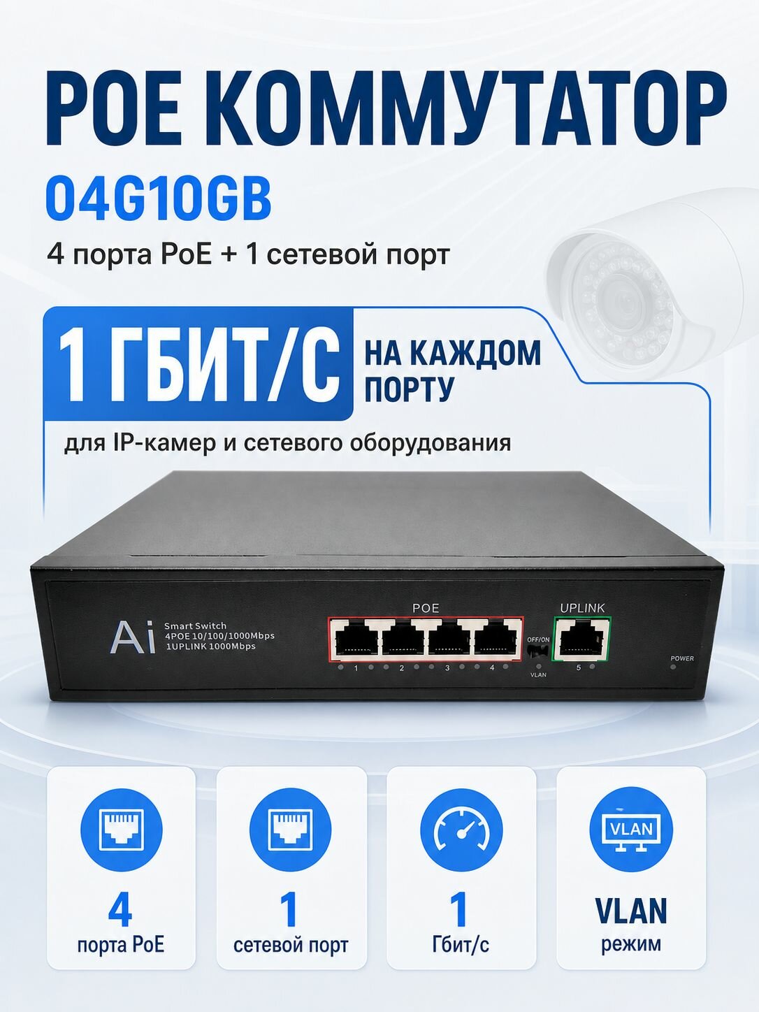 Коммутатор POE 04G10GB на 4 порта Full Gigabit (4+1) - POE RJ45 Порт: 4*10/100/1000 Мбит/с