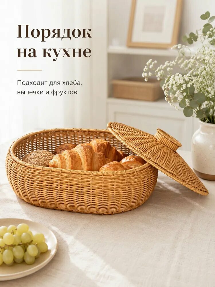 Хлебница, Плетеное хранилище из ротанга с крышкой,35 см х 24 см х 13.5 см