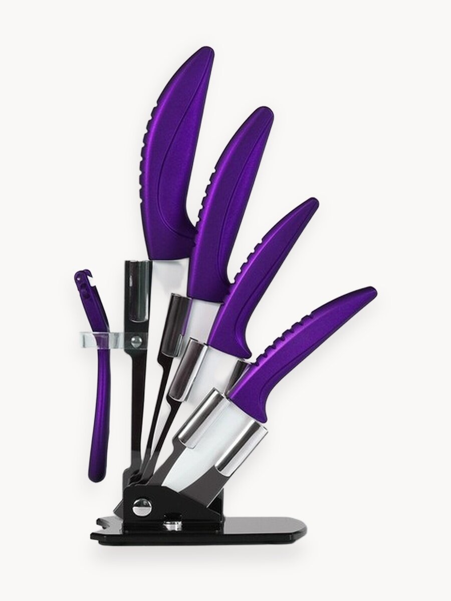 Набор кухонный на подставке «Баклажан», 5 предметов: ножи 7,5 см, 10 см, 13 см, 15 см, овощечистка