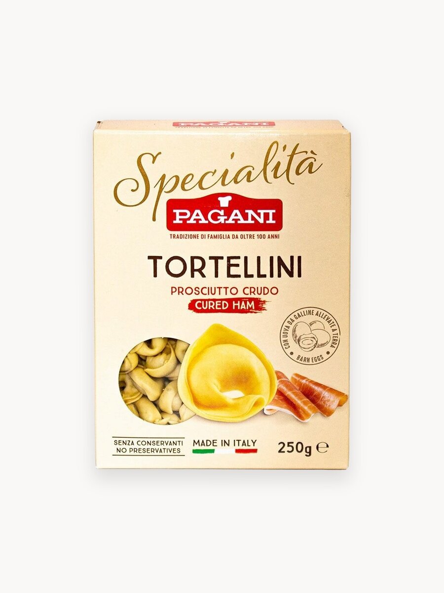 Тортеллини с прошутто крудо SPECIALITA, паста яичная фаршированная сыровяленым окороком, PAGANI, 0,25 кг (карт/кор)