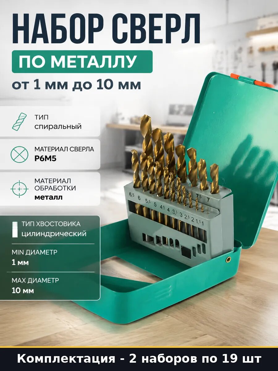 Набор сверл по металлу 19 предметов от 1 мм до 10 мм