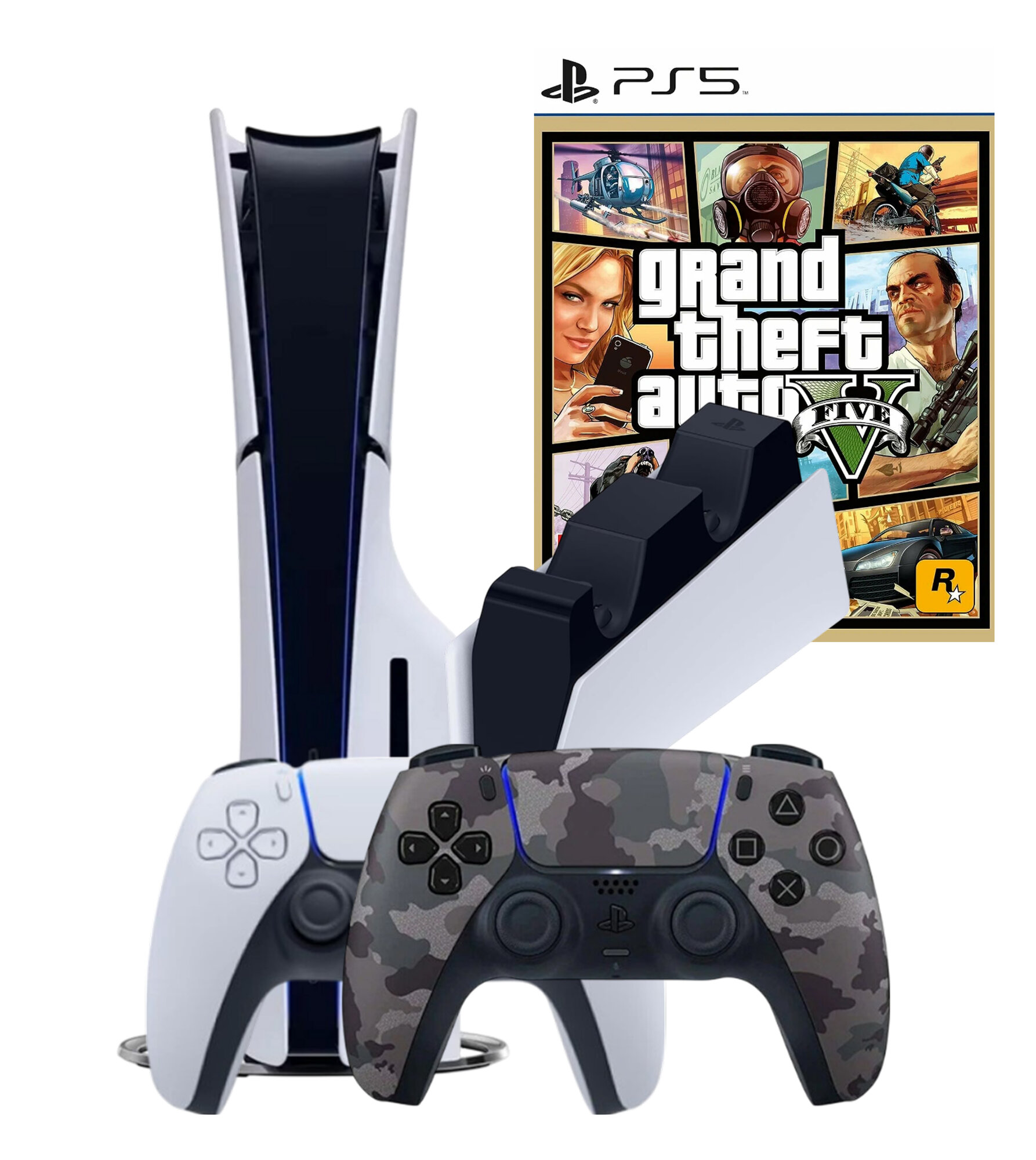 Игровая приставка Sony PS5 Slim + 2й геймпад камуфляж + игра GTA + станция зарядки
