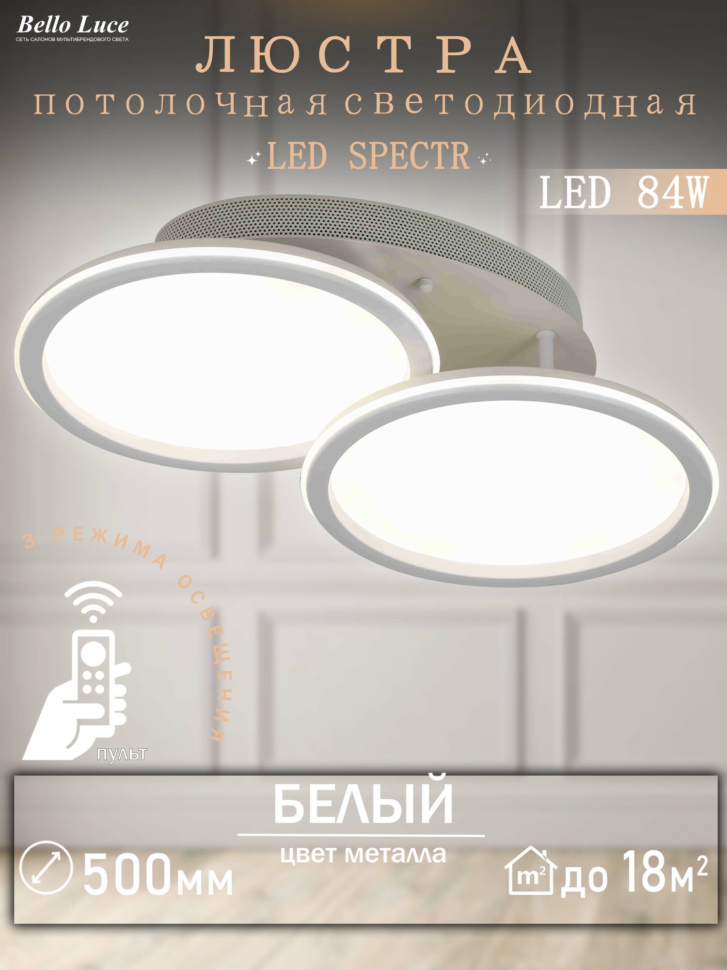 Люстра светодиодная потолочная с пультом белая, 84W, плавная регулировка яркости и цветовой температурой освещения в диапазоне от 3000К до 6500К
