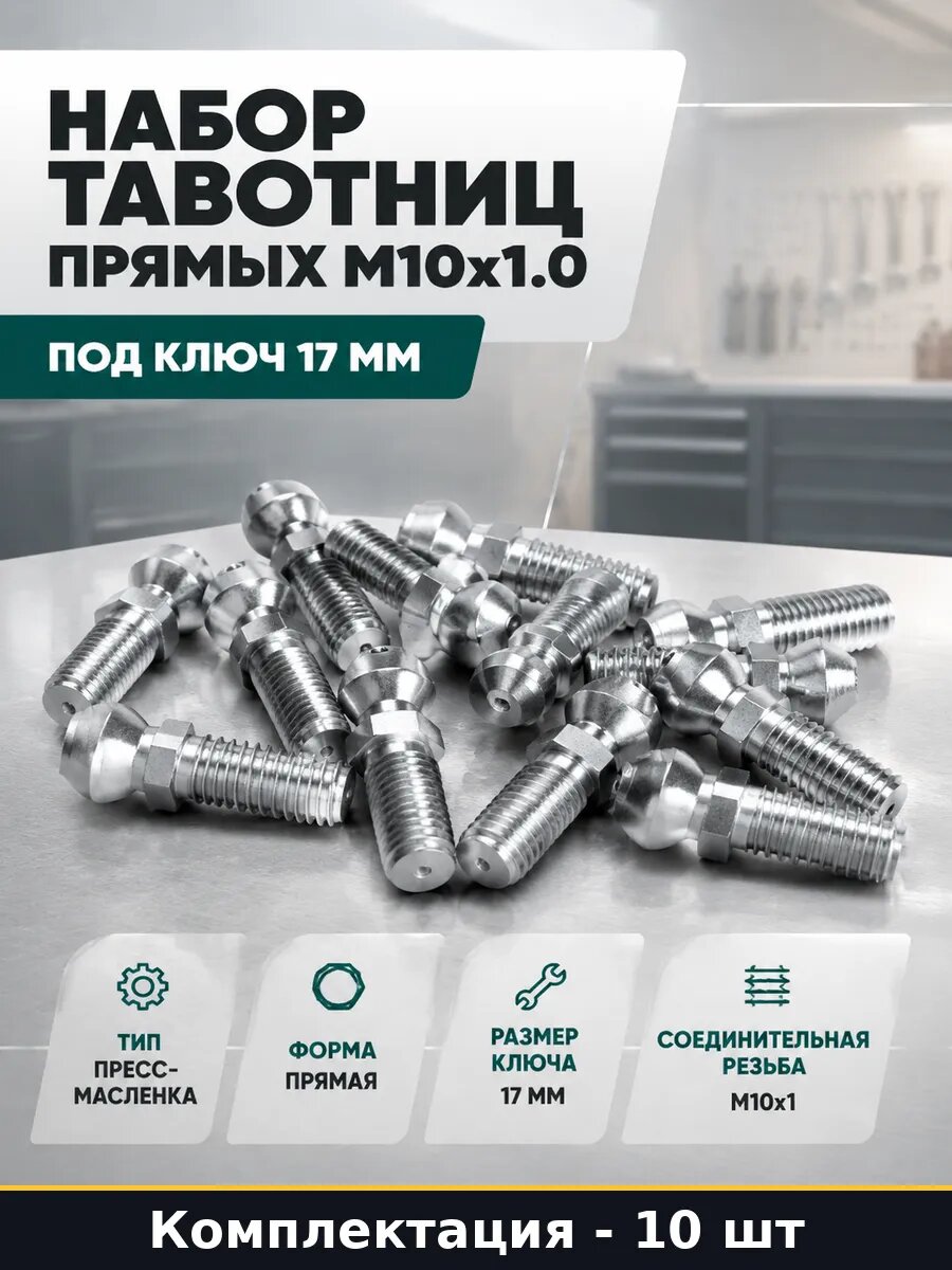 Набор тавотниц прямых М10x1.0 10 штук под ключ 17 мм