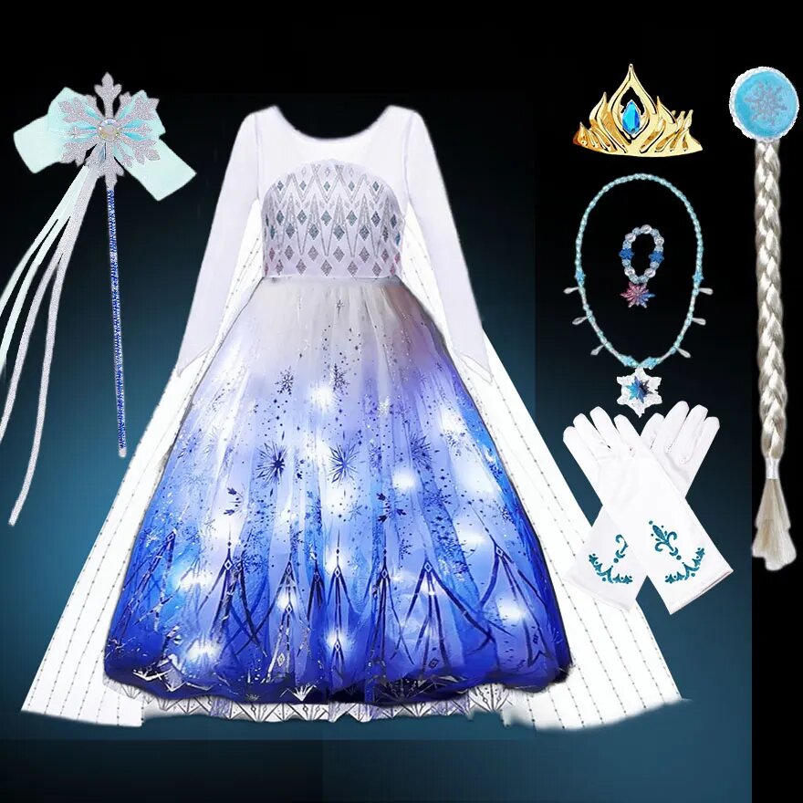Платье Диснея со светодиодной подсветкой, костюм Духа Эльзы для девочек, ролевая игра «Холодное сердце», маскировка Снежной королевы, белое платье Эльзы на Хэллоуин, детская одежда