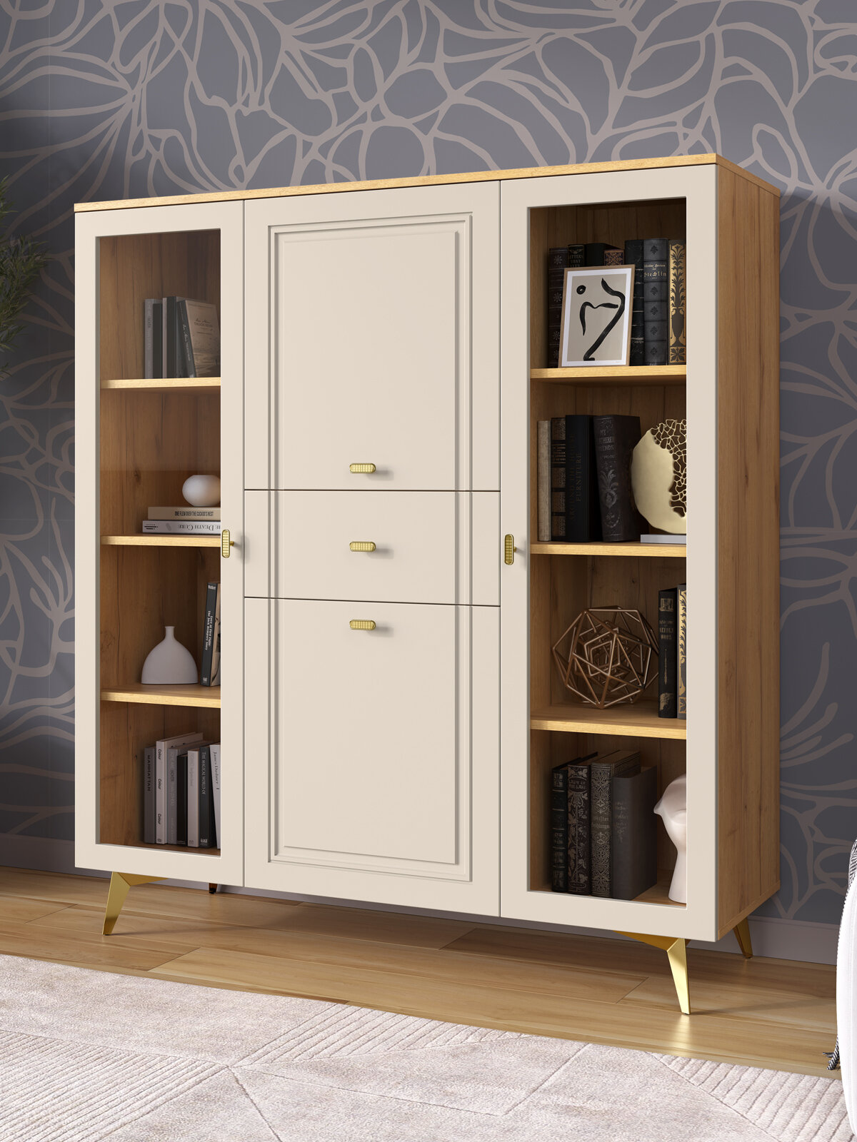 Шкаф-витрина Кураж Вега Сапфир распашной низкий 140,4х42,4х146 кремовый со стеклом