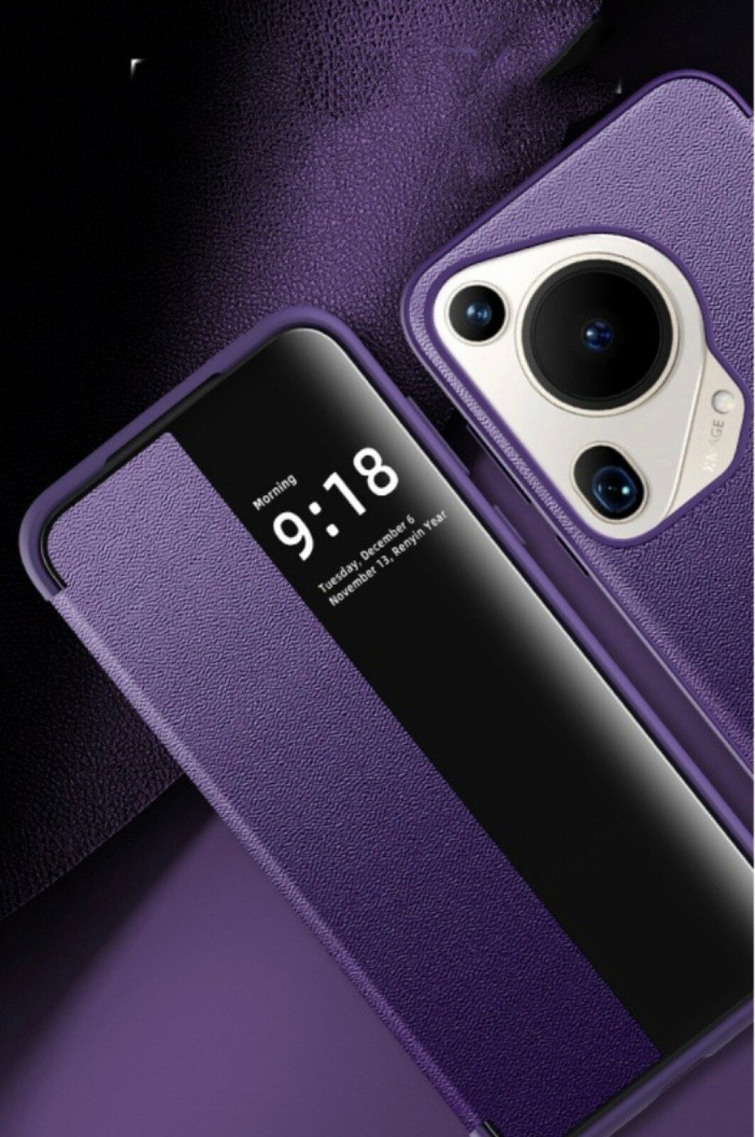 Чехол-кейс MyPads Finestra del caso из натуральной кожи для Huawei Pura 70 Pro с боковым окном фиолетовый