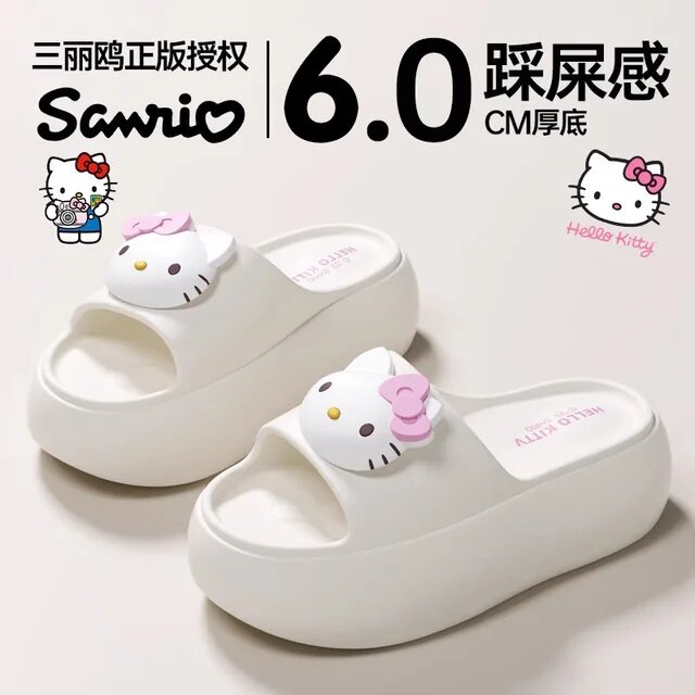 Летние тапочки Sanrio Hello Kitty для девочек, в стиле аниме, с толстой подошвой из ЭВА, нескользящие, домашние тапочки для ванной, мягкие и удобные сандалии для дома и школы. Размер обуви: 35-36