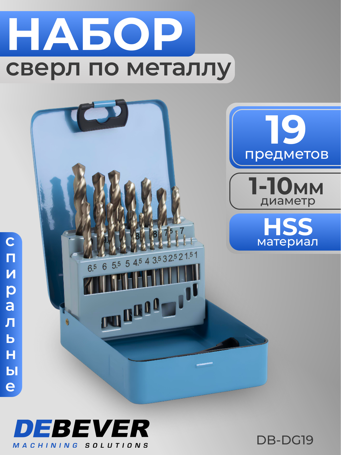 Набор сверл спиральных по металлу, 1-10мм, HSS, DIN 338, 19 предметов