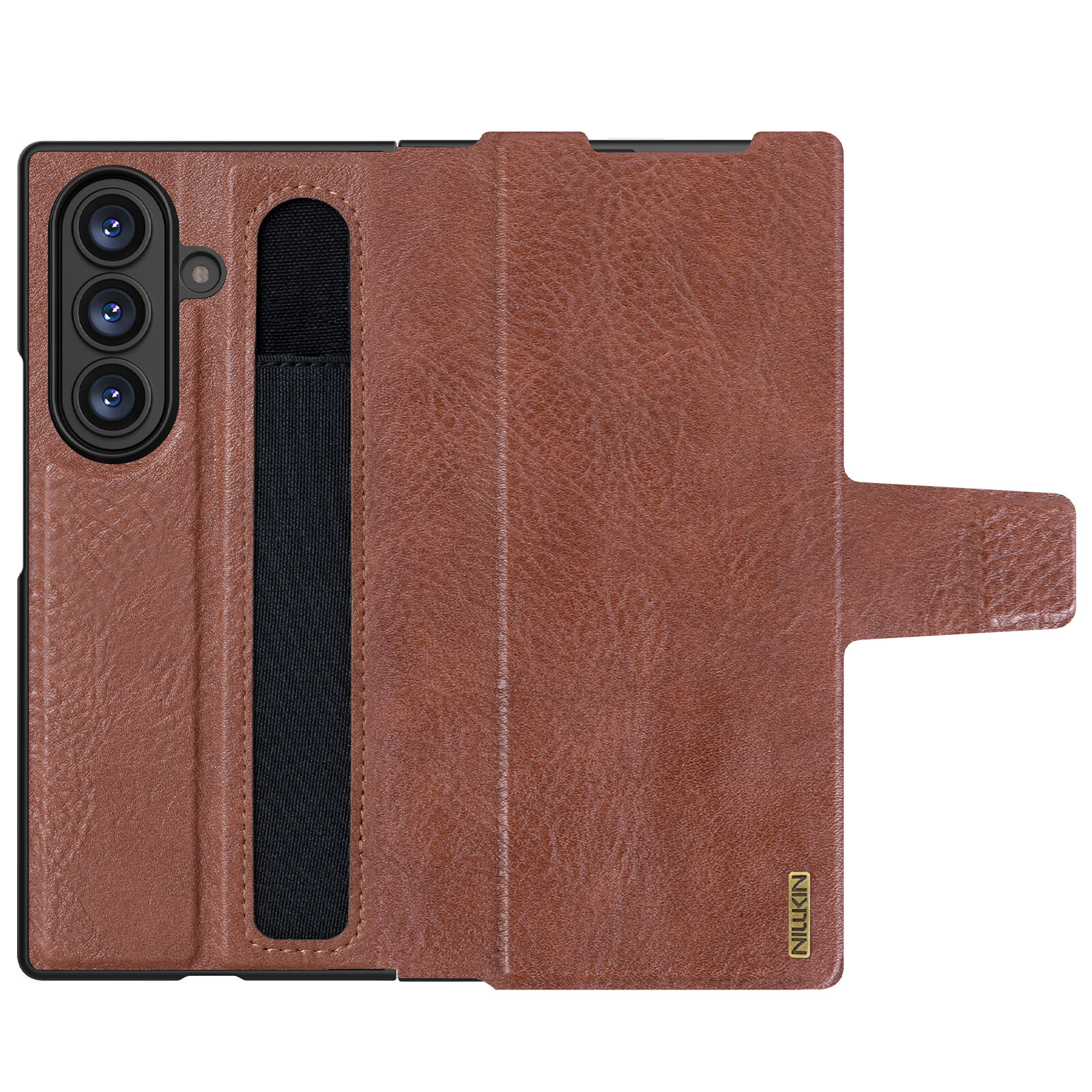 Кожаный чехол коричневого цвета для Samsung Galaxy Fold 7, серия Aoge Leather от Nillkin (с эластичным карманом для хранения S-pen)