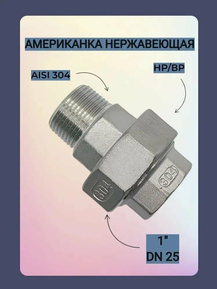 Американка из нержавеющей стали НР-ВР коническая с прокладкой PTFE AISI304 ДУ 1" (25 мм)