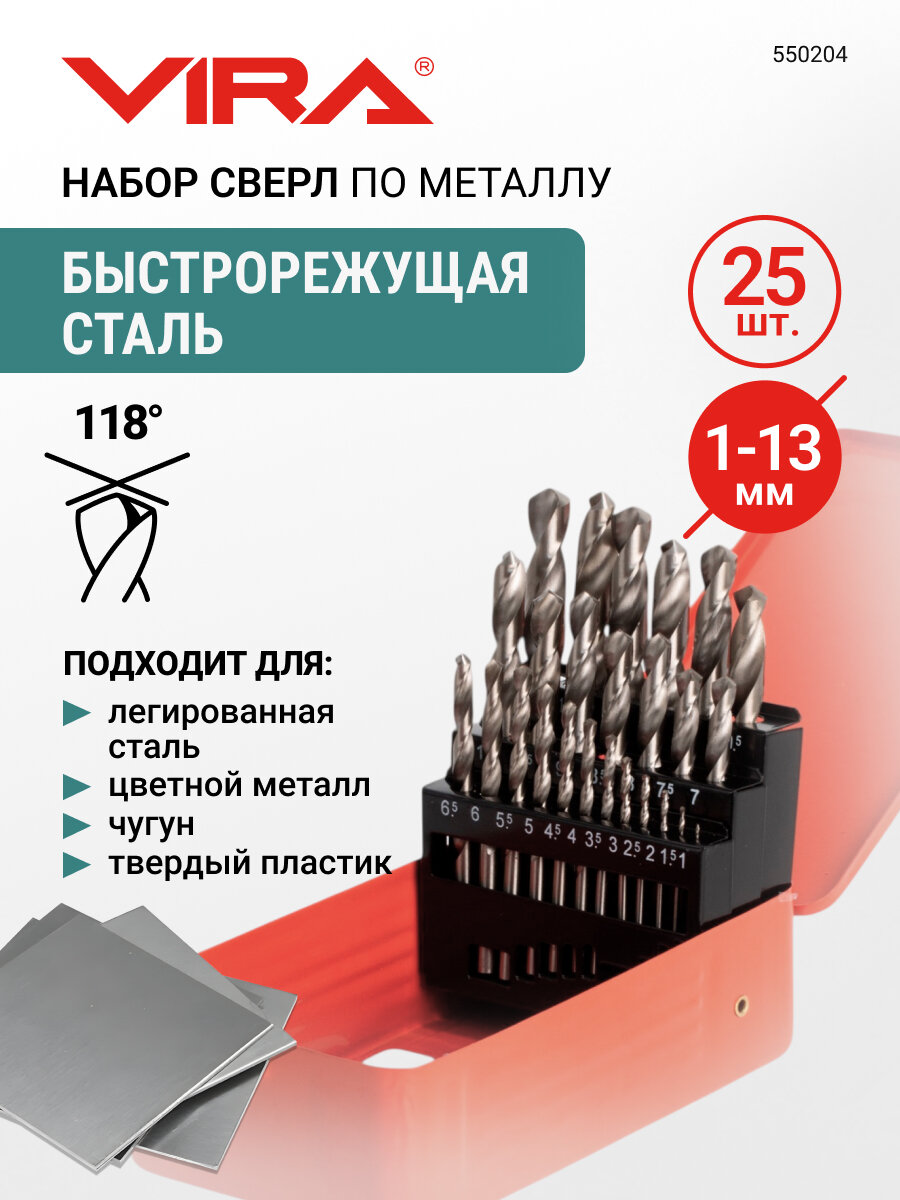 Набор сверл по металлу 1-13 мм HSS 25 шт в кейсе VIRA