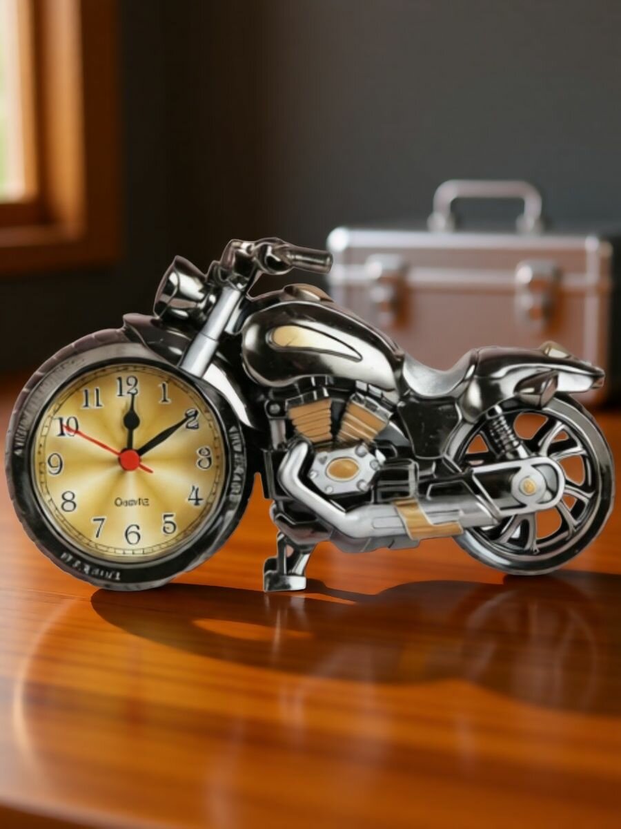 Часы-будильник в виде мотоцикла, серебро-бронза, 1 шт