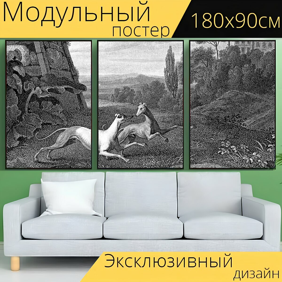 Модульный постер "Борзые Улучшенная старинная гравюра борзые собаки собачий Спортивное бежать быстро гравюра марочный природа" 180 x 90 см. для интерьера на стену в тубусе