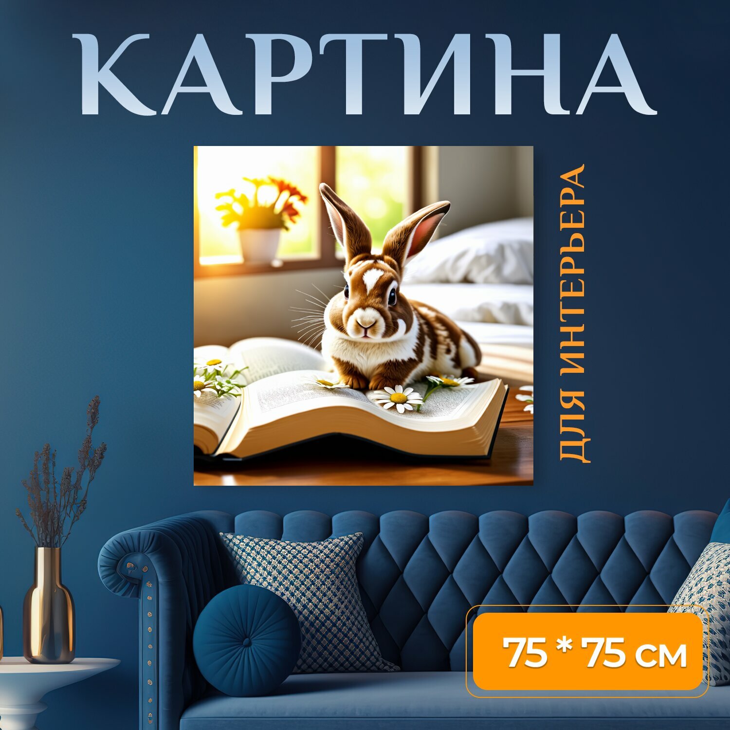 Картина на холсте "Кролик с белыми и коричневыми пятнами лежит на раскрытой книге, на его теле и книге лежат ромашки, в фоне солнце, окно." на подрамнике 75х75 см. для интерьера