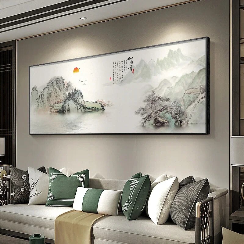 Китайский стиль пейзаж картина на холсте 02, 60x180cm Unframed