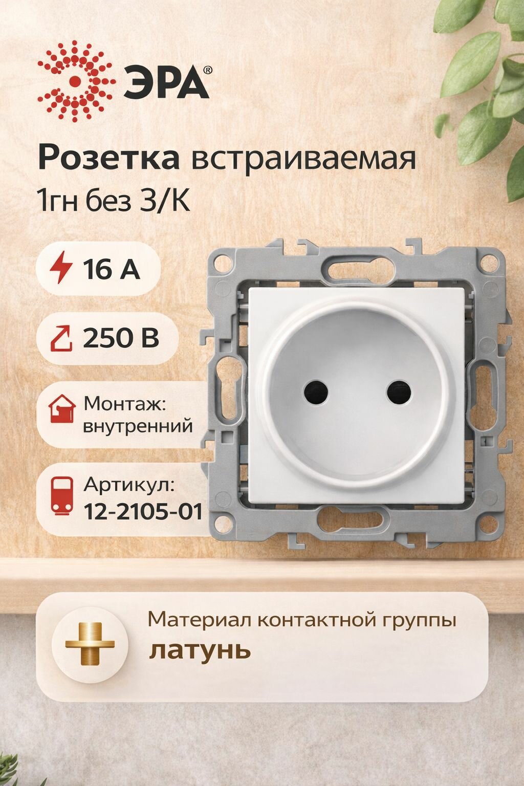 Розетка одноместная встраиваемая белая механизм 16А 250В