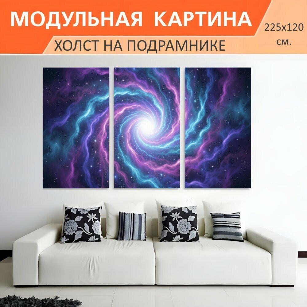 Модульная картина на холсте "Космическая спиральная галактика. Абстрактный космический вихрь с ярким светящимся центром, неоновыми." триптих на подрамнике 225х120 см. для интерьера