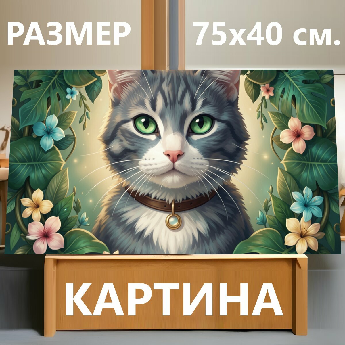 Картина на холсте "Кот в тропическом венке. Реалистичный серо-белый кот с зелёными глазами на фоне пышной листвы и нежных цветов. Иллюстрация в." на подрамнике 75х40 см. для интерьера