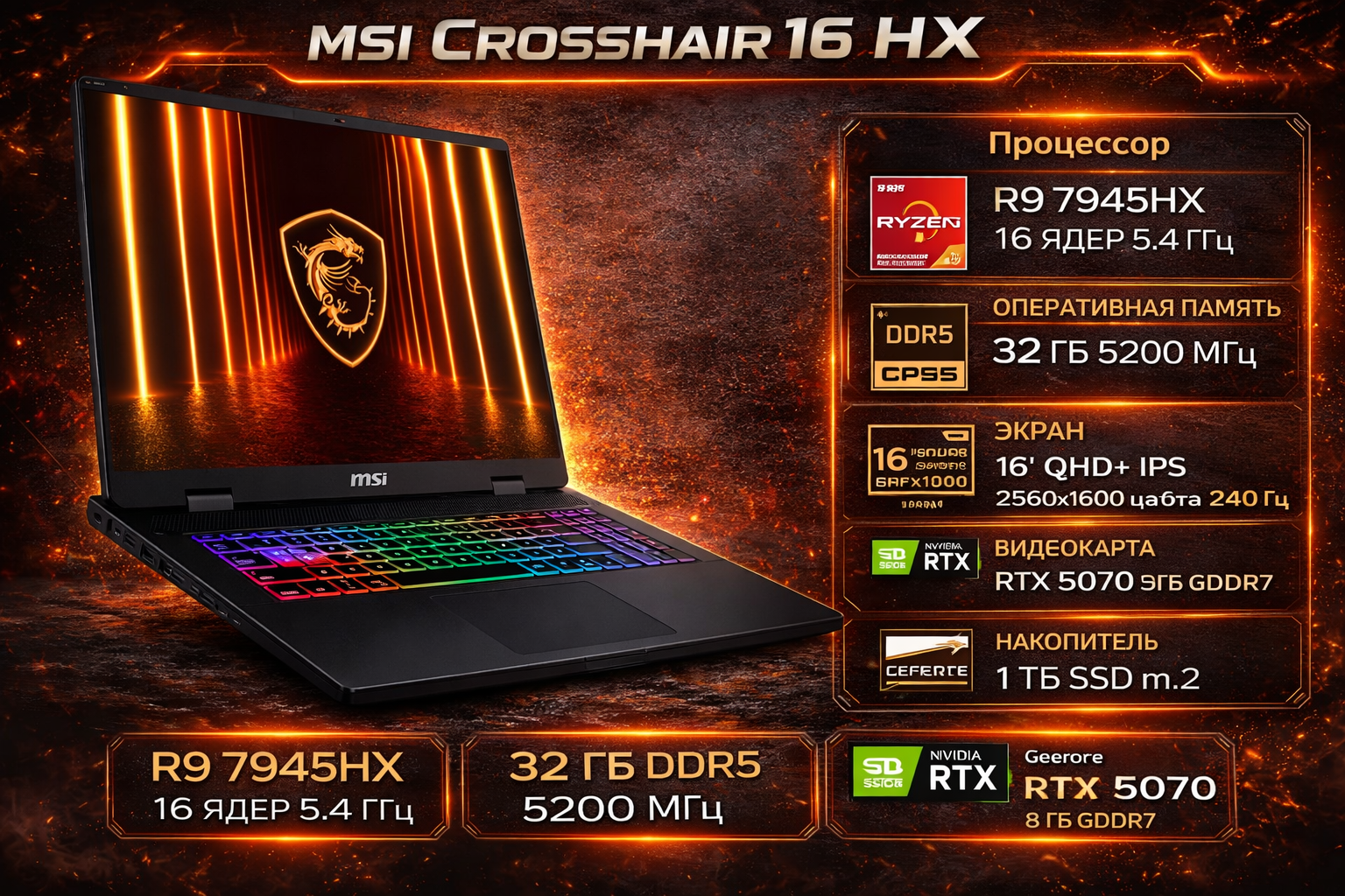 Ноутбук MSI Crosshair 16 HX, R9 7945HX, RTX 5070, 32ГБ/1ТБ, 16" IPS 2.5K 240Hz, Windows 11, русская клавиатура