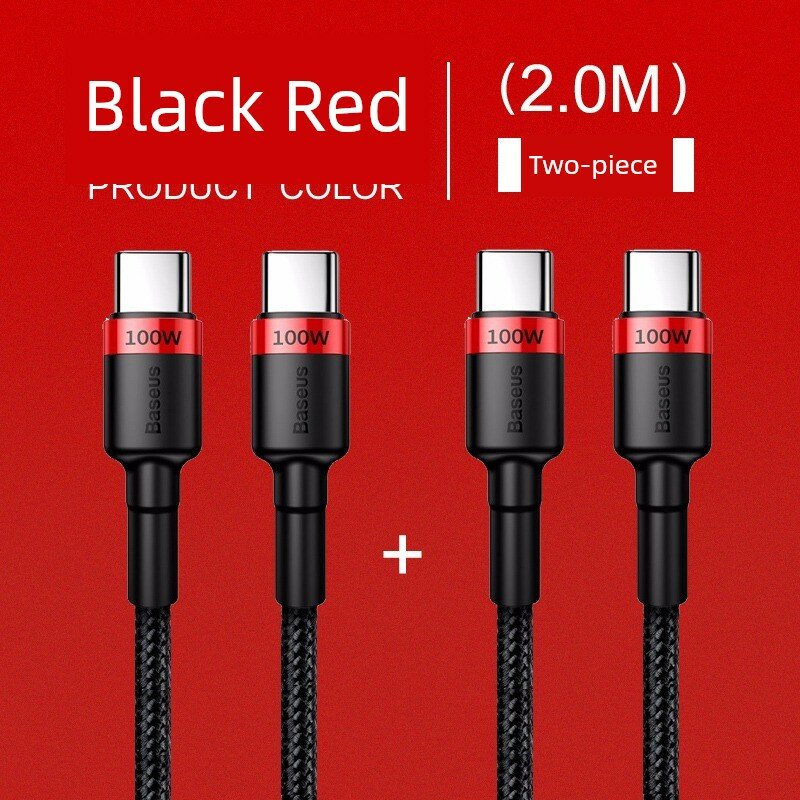 2-метровый красно-черный USB-C кабель PD100W для зарядки ноутбуков и телефонов