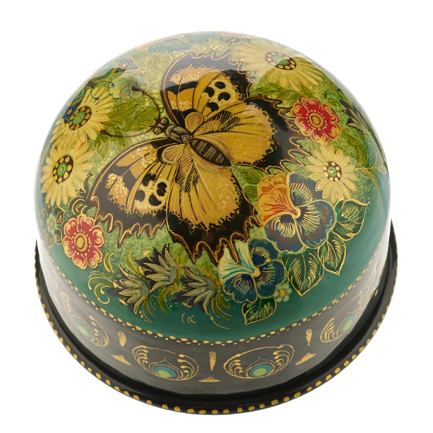 204620 Шкатулка с художественной росписью бабочка, зелен, круглая