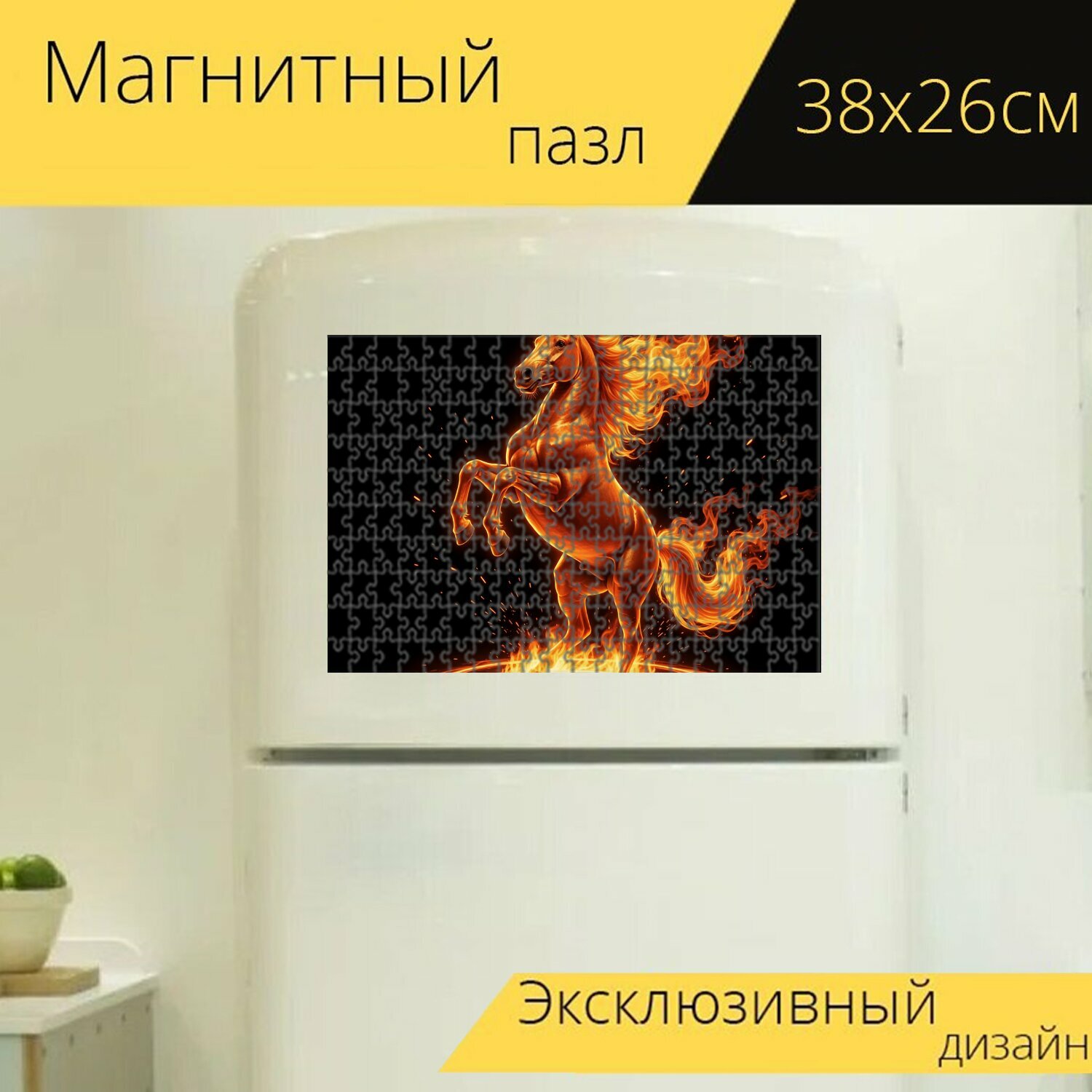 Магнитный пазл "Огненный конь на дыбах. Динамичный образ сияющего скакуна в языках пламени на черном фоне. Яркие оранжевые оттенки, искры и драматичный." для интерьера, 38х26 см.